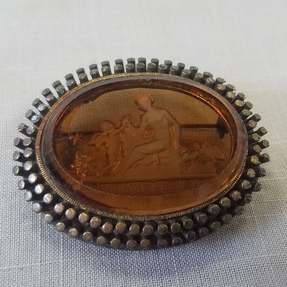 Jewelry | Vintage Amber Glass Intaglio Etched Brooch Venus And Cupid ...
